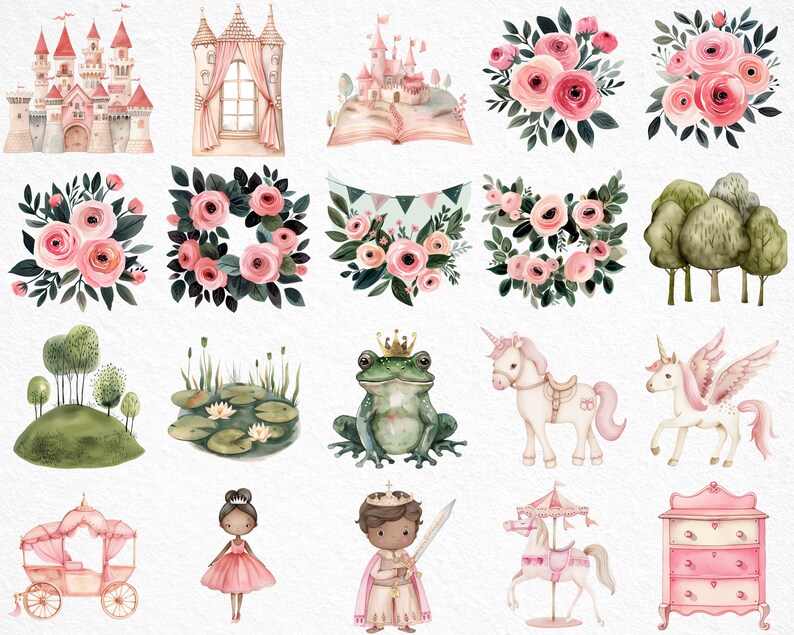 Floral Princess & Dragon Clipart, Knight, Castle, Prince, Fairytale ...