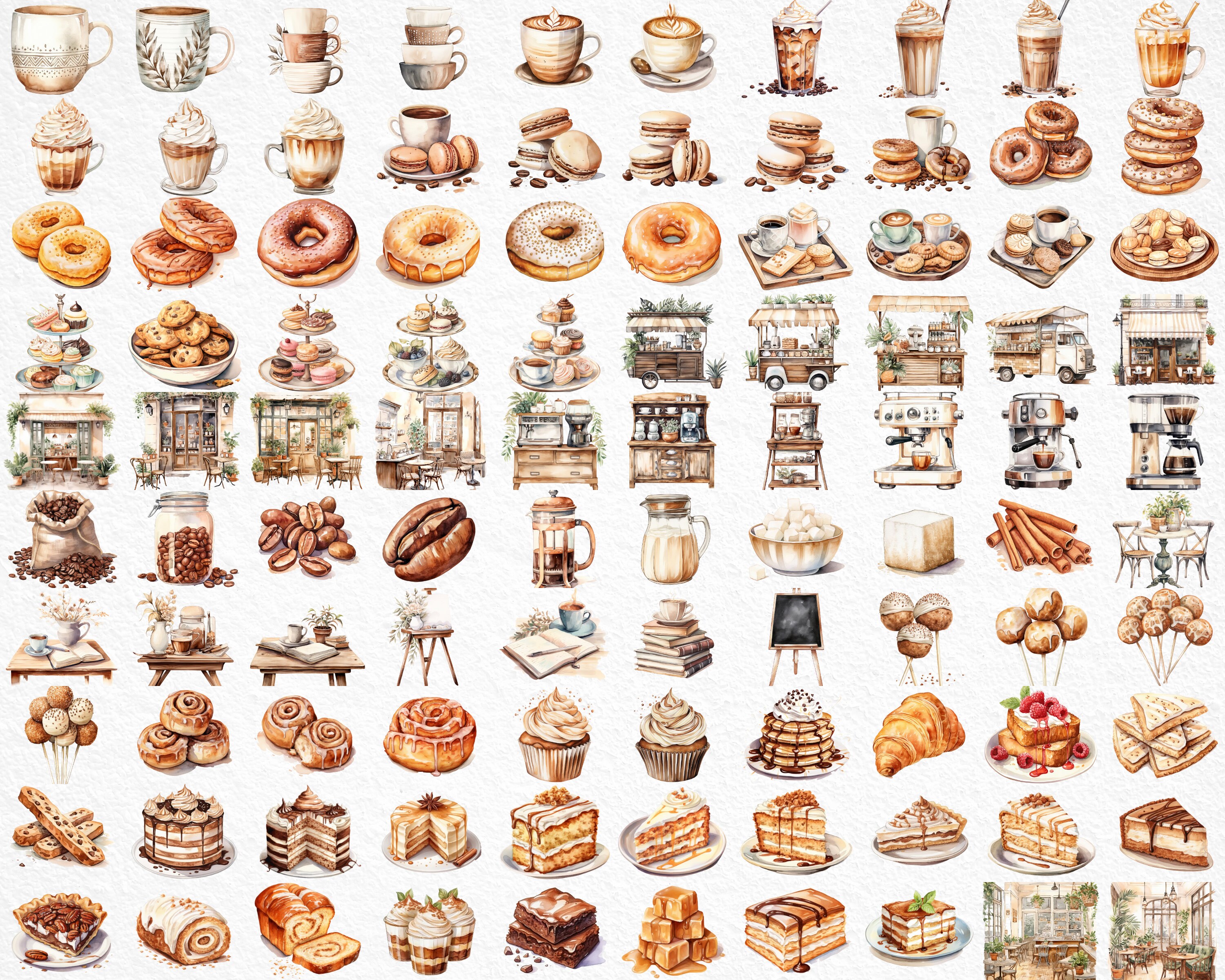 Watercolor Coffee Cafe & Desserts Clipart, Espresso, Mocha, Coffee Cart ...