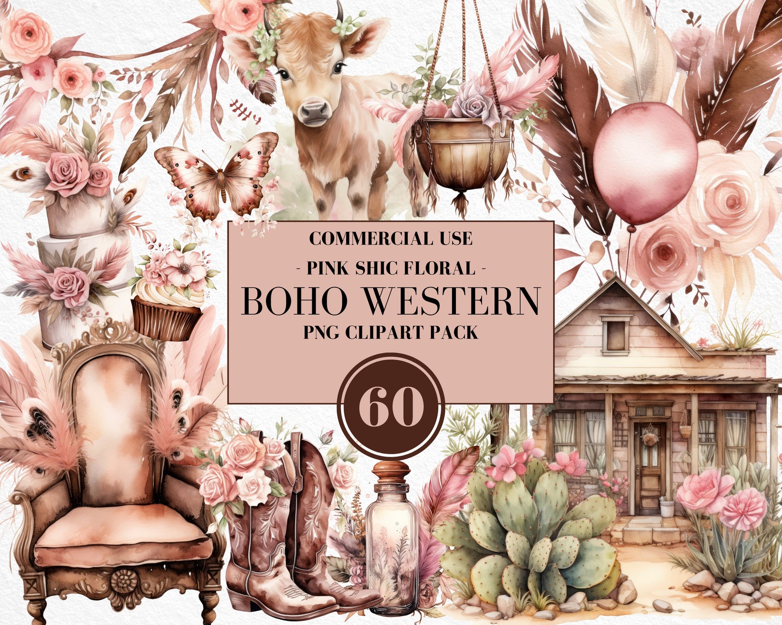 Watercolor Boho Western Clipart, Bohemian, Cowgirl Clipart, Desert ...