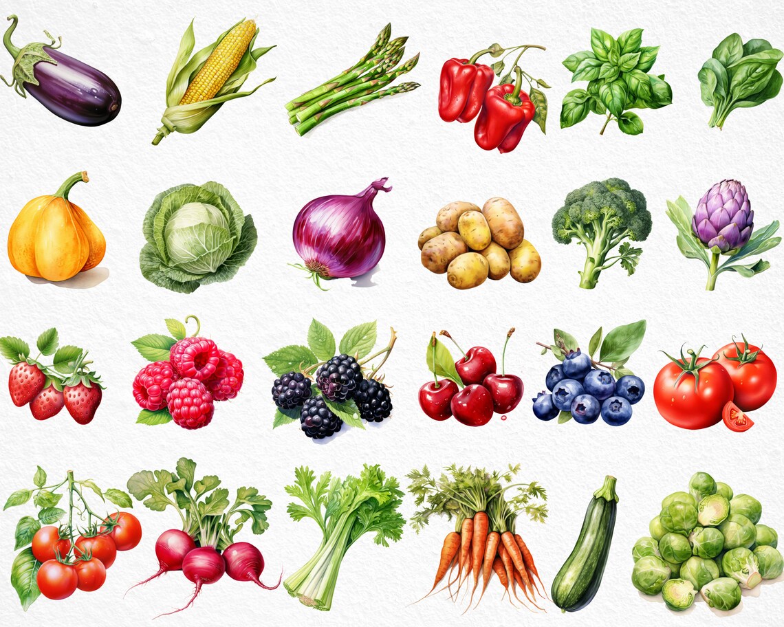 Watercolor Gardening Clipart, Vegetables Clipart, Fruit Clipart, Potted ...