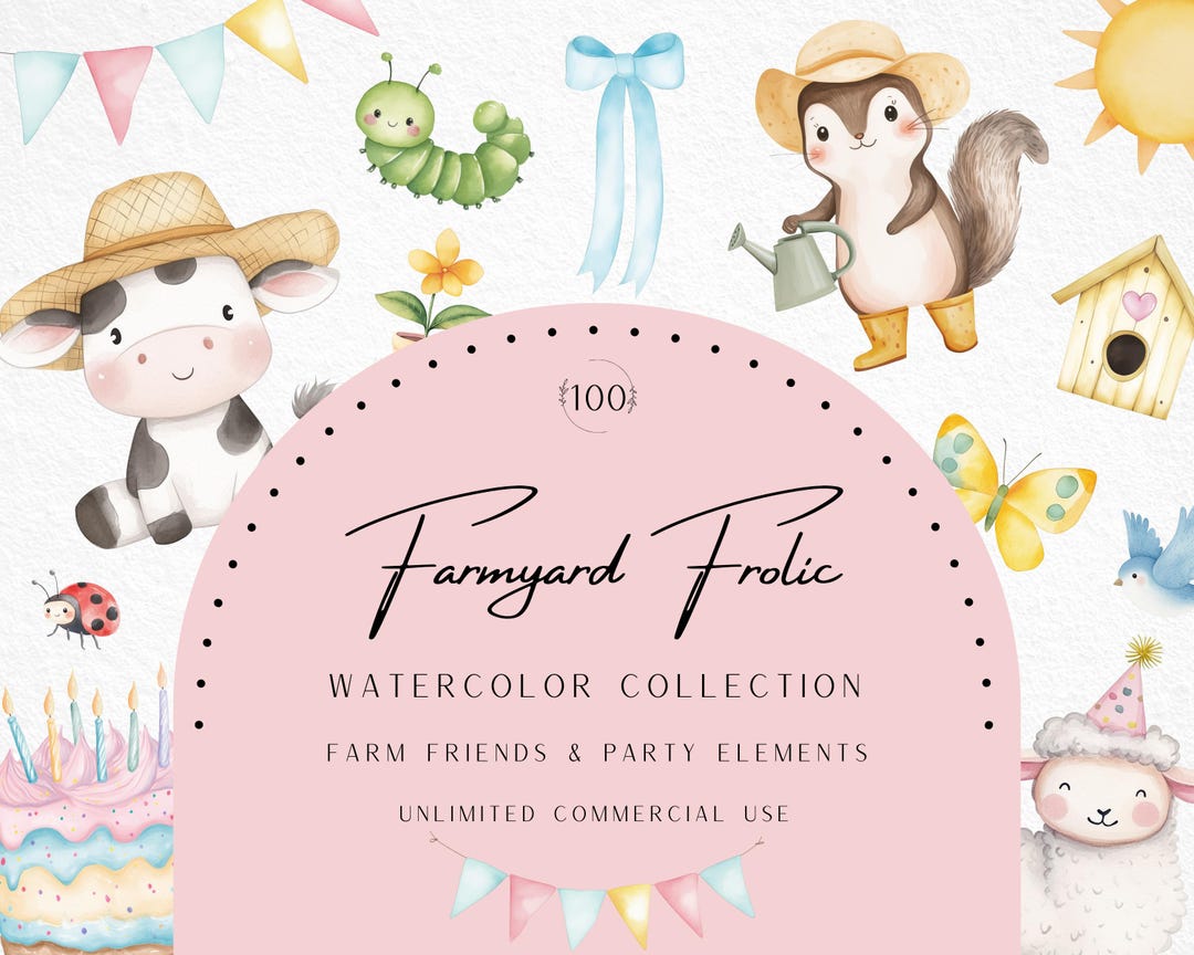Watercolor Farm Animal Birthday Clipart, Barnyard Party Decor, Cow Pig ...