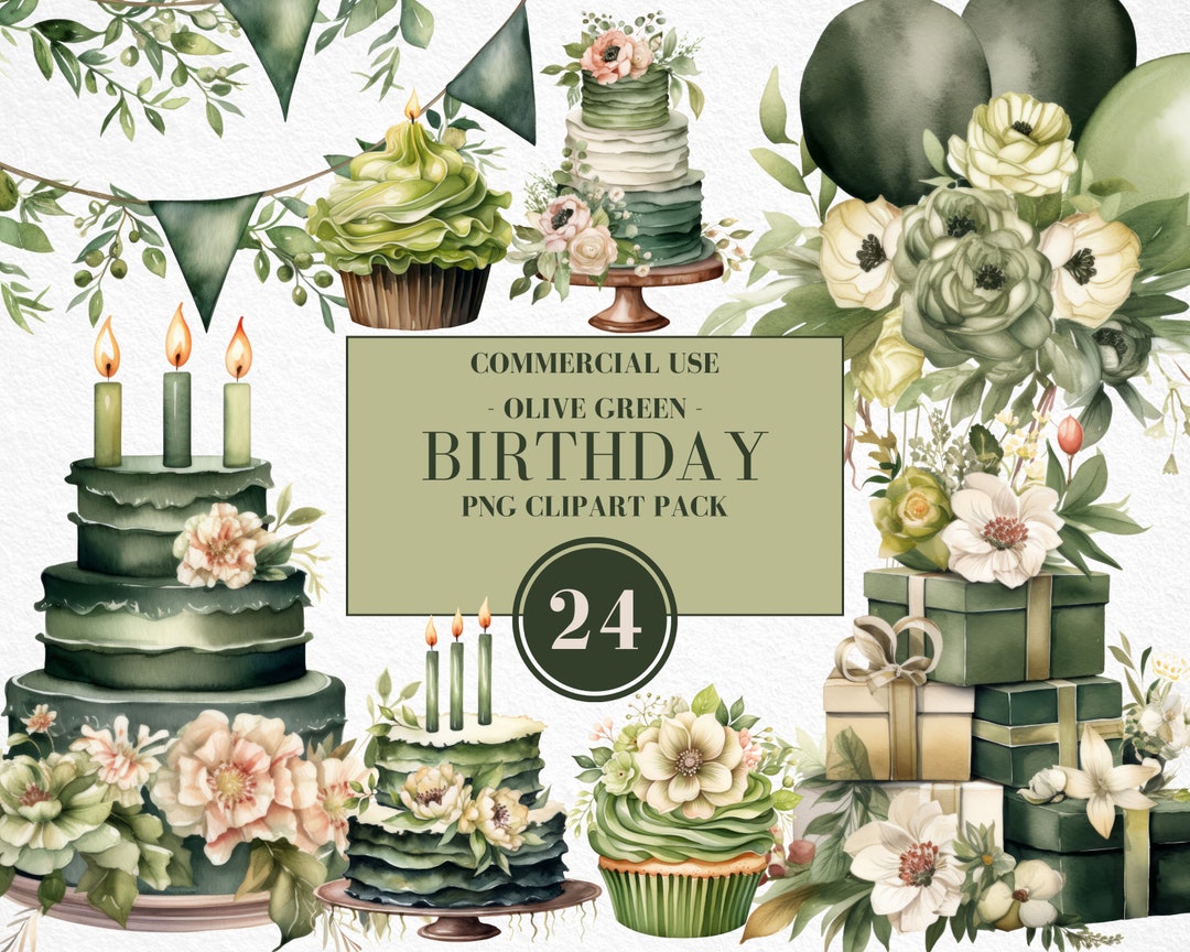Watercolor Boho Olive Green Birthday Clipart, Watercolor Birthday ...