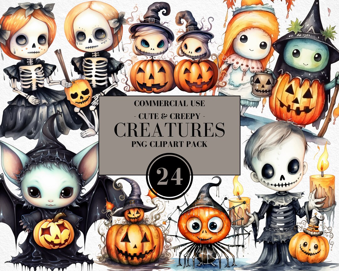 Cute Halloween Creatures Clipart, Watercolor Halloween Clipart, Cute ...