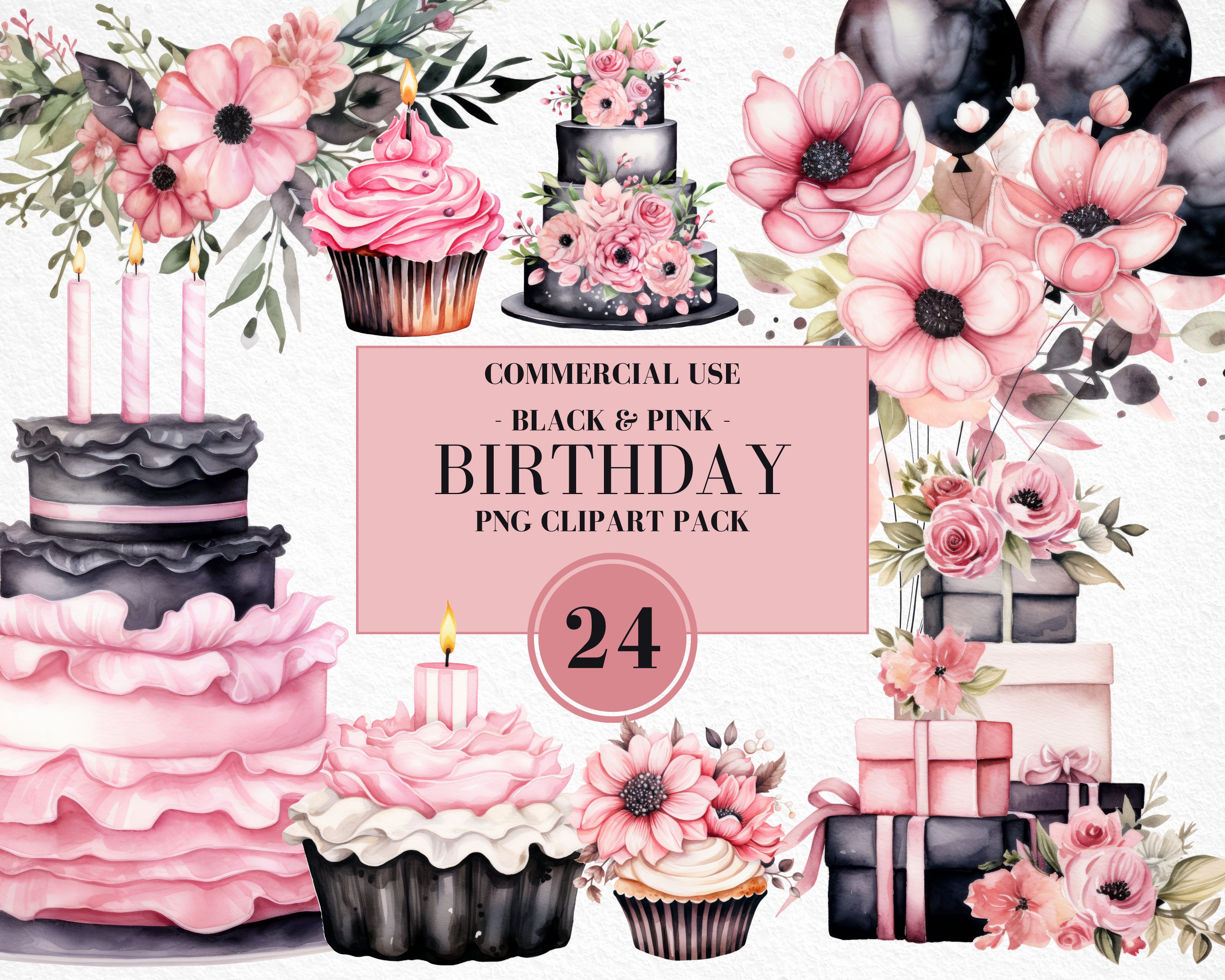 Watercolor Black & Pink Birthday Clipart, Watercolor Birthday Clipart ...