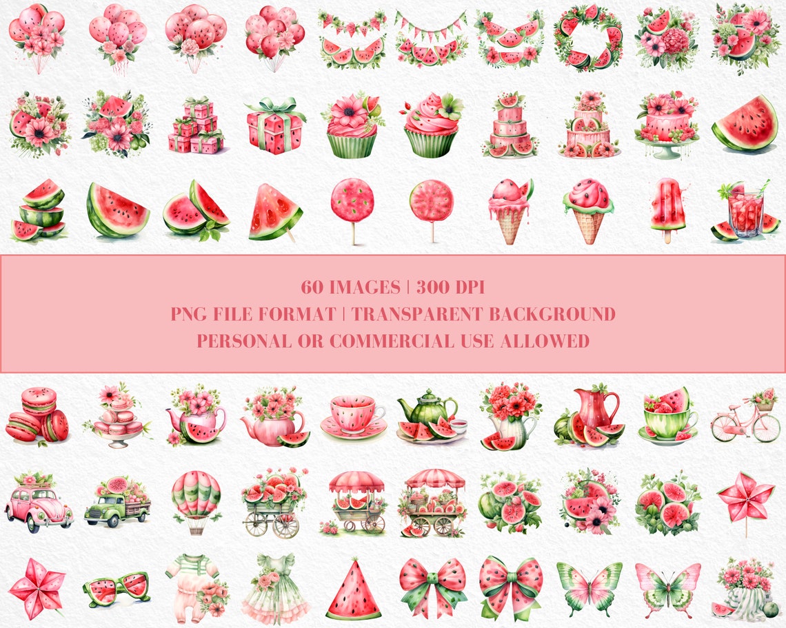 Watercolor Pink Watermelon Clipart, Pink Watermelon Birthday, Pink ...