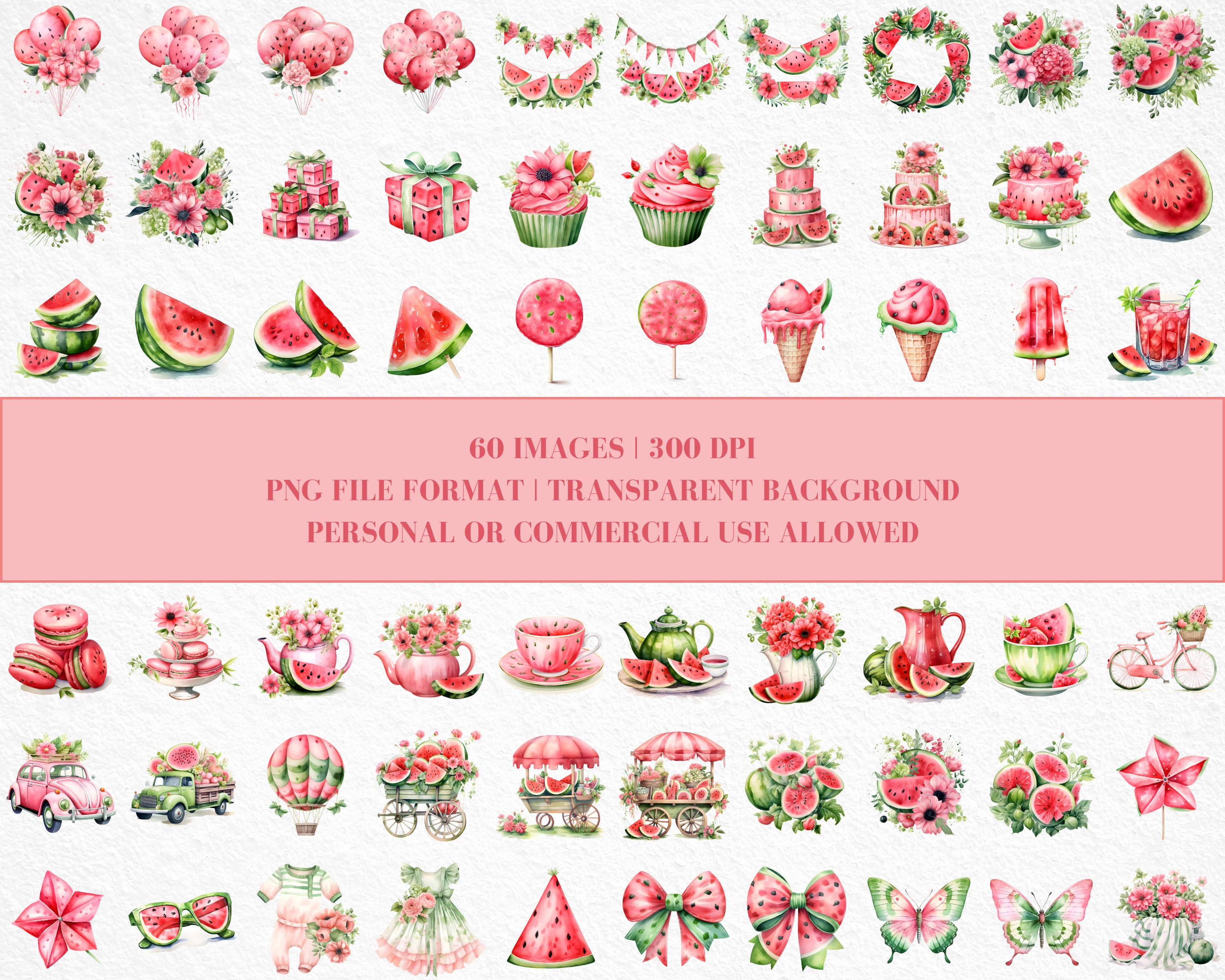 Watercolor Pink Watermelon Clipart, Pink Watermelon Birthday, Pink ...