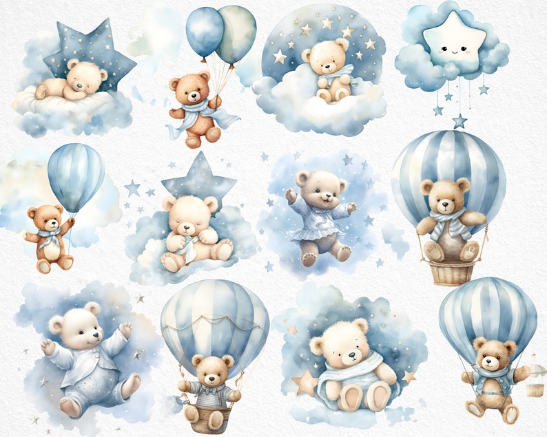 Watercolor Teddy Bear Clipart for Boy, Watercolor Baby Shower Clipart, Baby Blue Teddy Bear ...