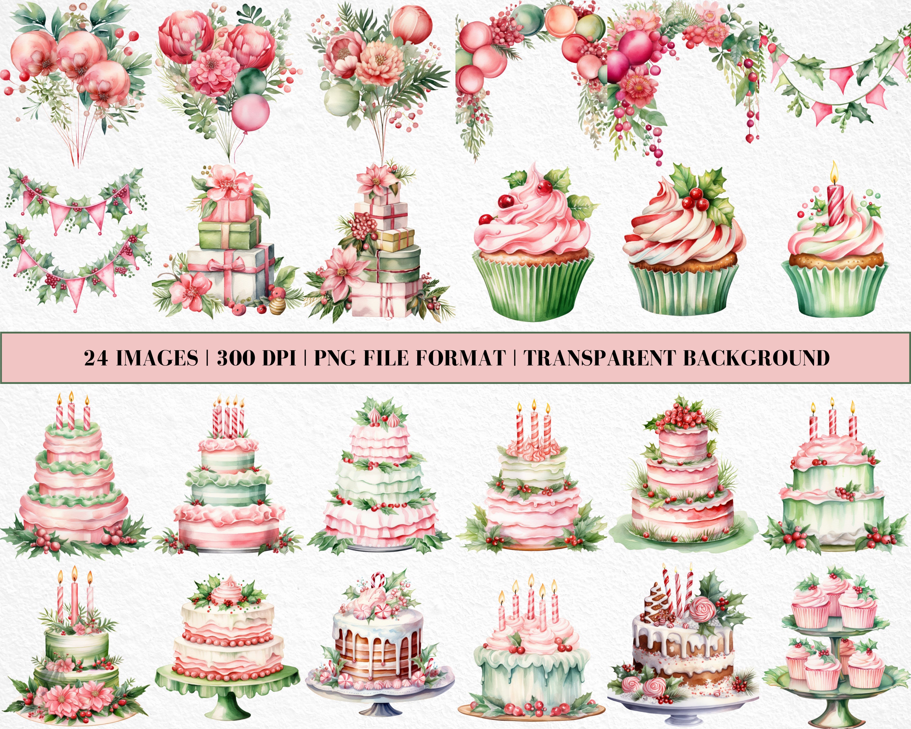 Watercolor Pink & Green Christmas Birthday Clipart, Watercolor Birthday ...