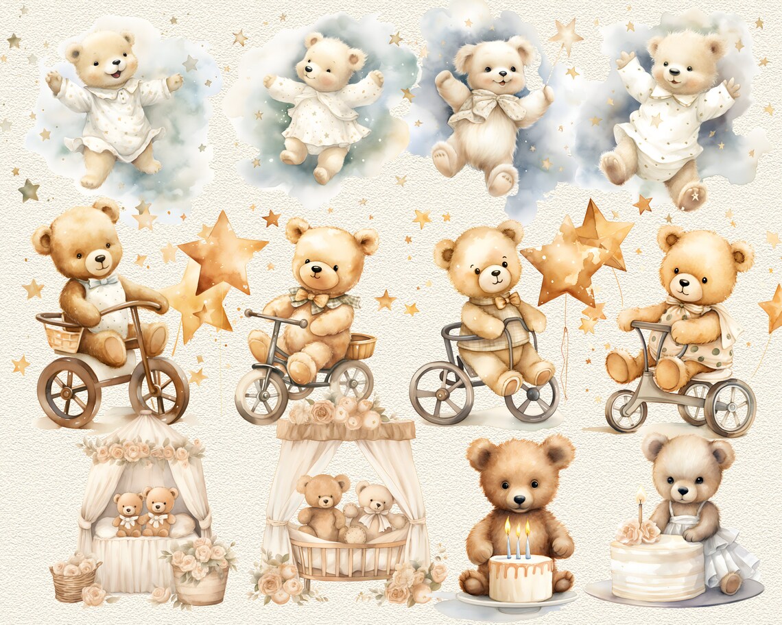 Watercolor Teddy Bear Clipart, Boho Neutral, Watercolor Baby Shower ...