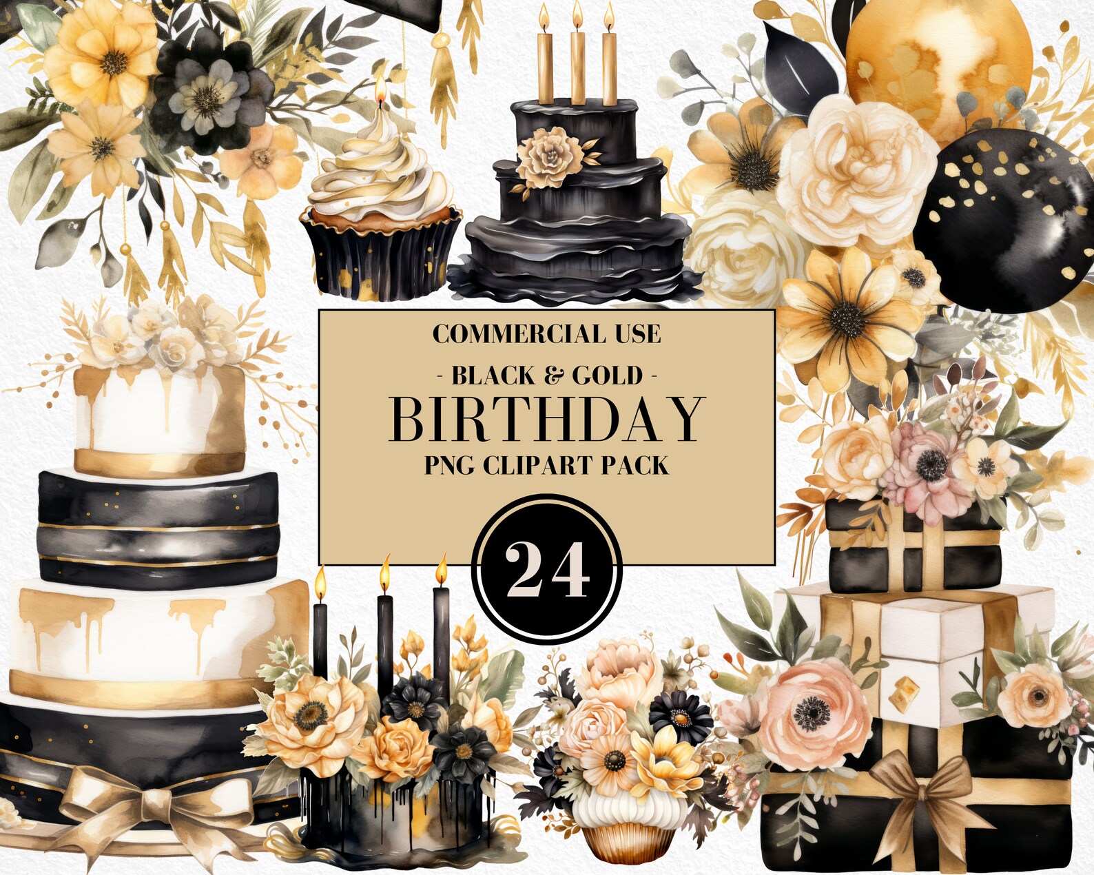 Watercolor Black & Gold Birthday Clipart, Watercolor Birthday Clipart ...