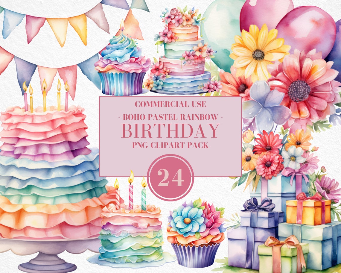 Watercolor Pastel Rainbow Birthday Clipart, Watercolor Birthday Clipart ...
