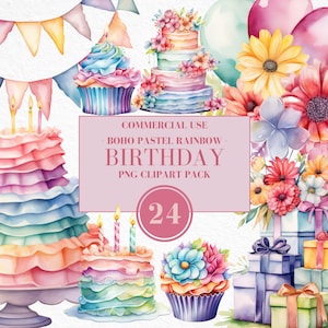 Watercolor Pastel Rainbow Birthday Clipart, Watercolor Birthday Clipart ...