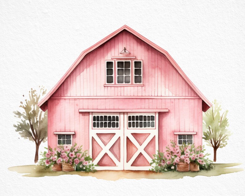 Watercolor Pink Barnyard Farm Birthday, Cute Farm Clipart, Pink Barn ...