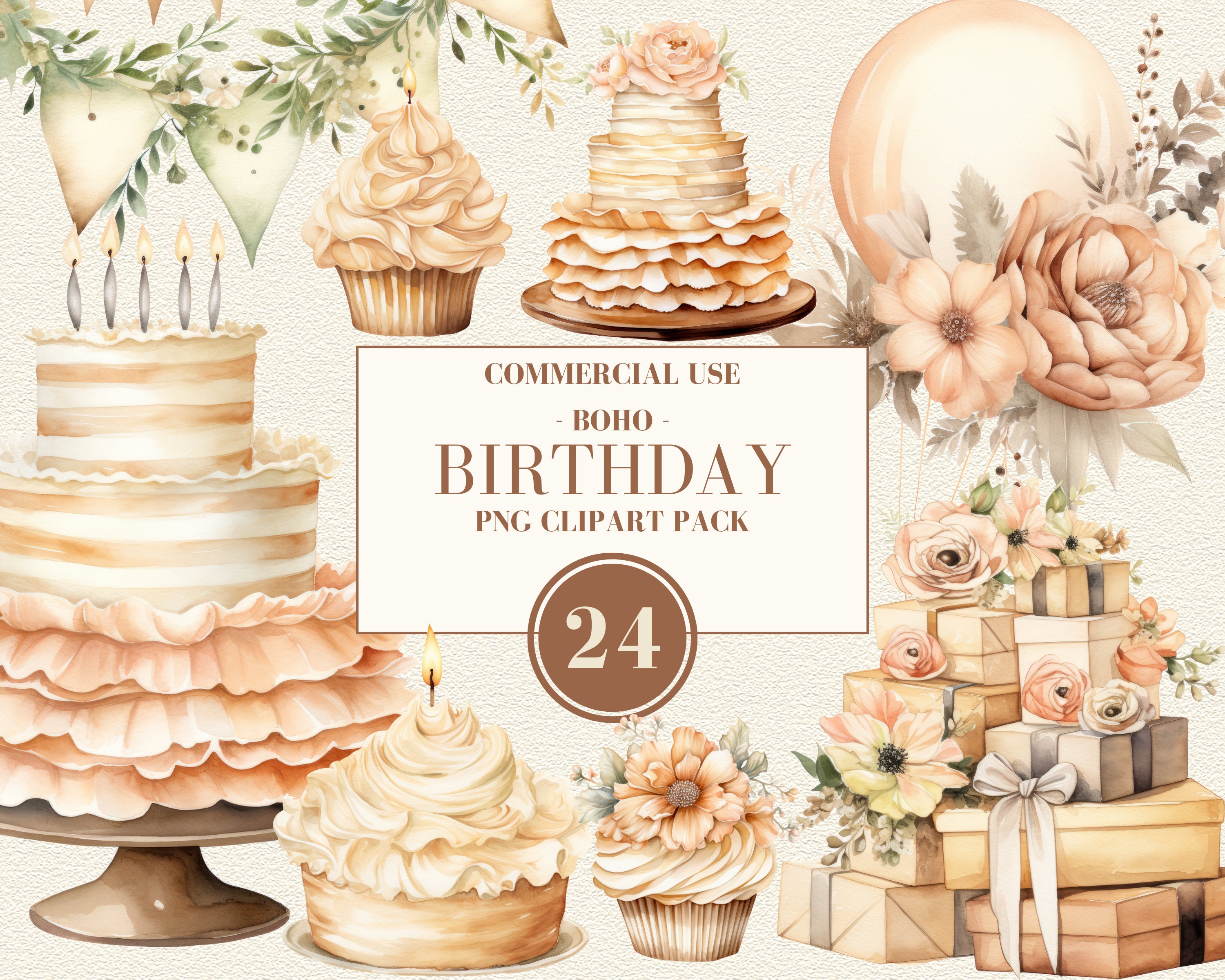 Watercolor Boho Cream Birthday Clipart, Watercolor Birthday Clipart ...