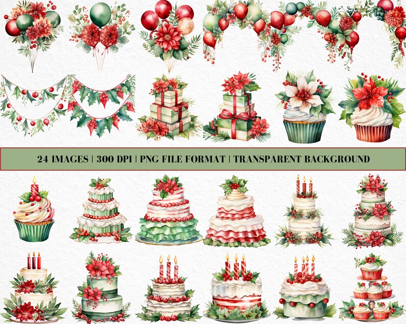 Watercolor Red & Green Christmas Birthday Clipart, Watercolor Birthday ...