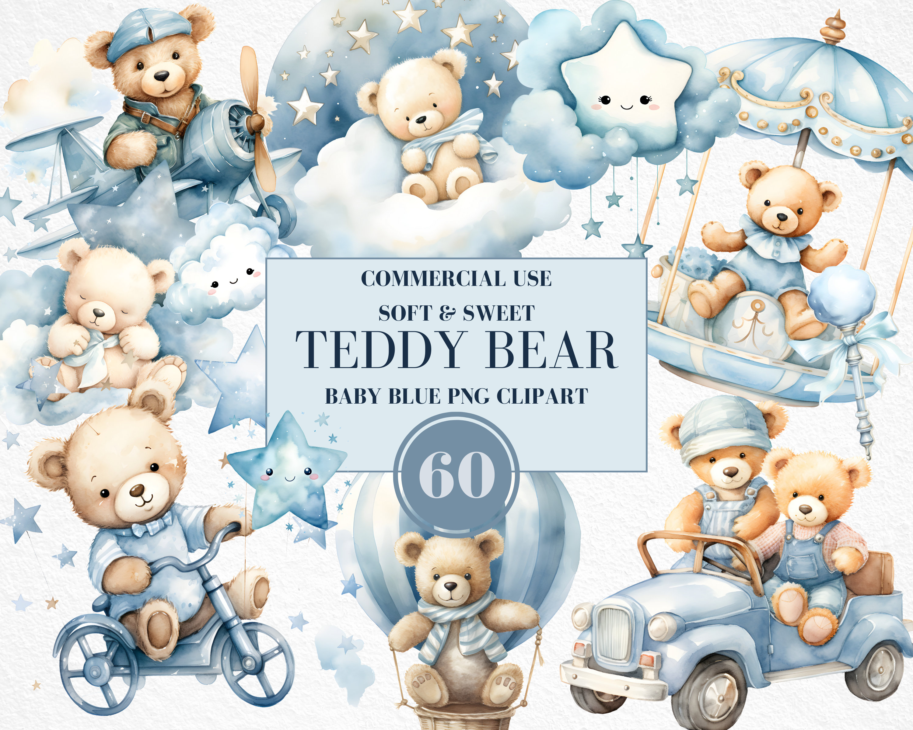 Watercolor Teddy Bear Clipart for Boy, Watercolor Baby Shower Clipart ...