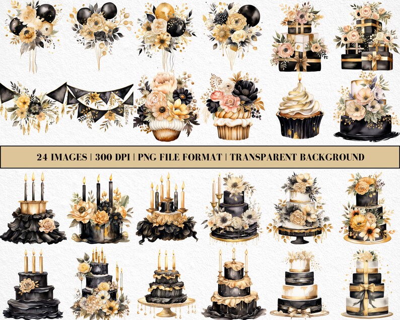Watercolor Black & Gold Birthday Clipart, Watercolor Birthday Clipart ...