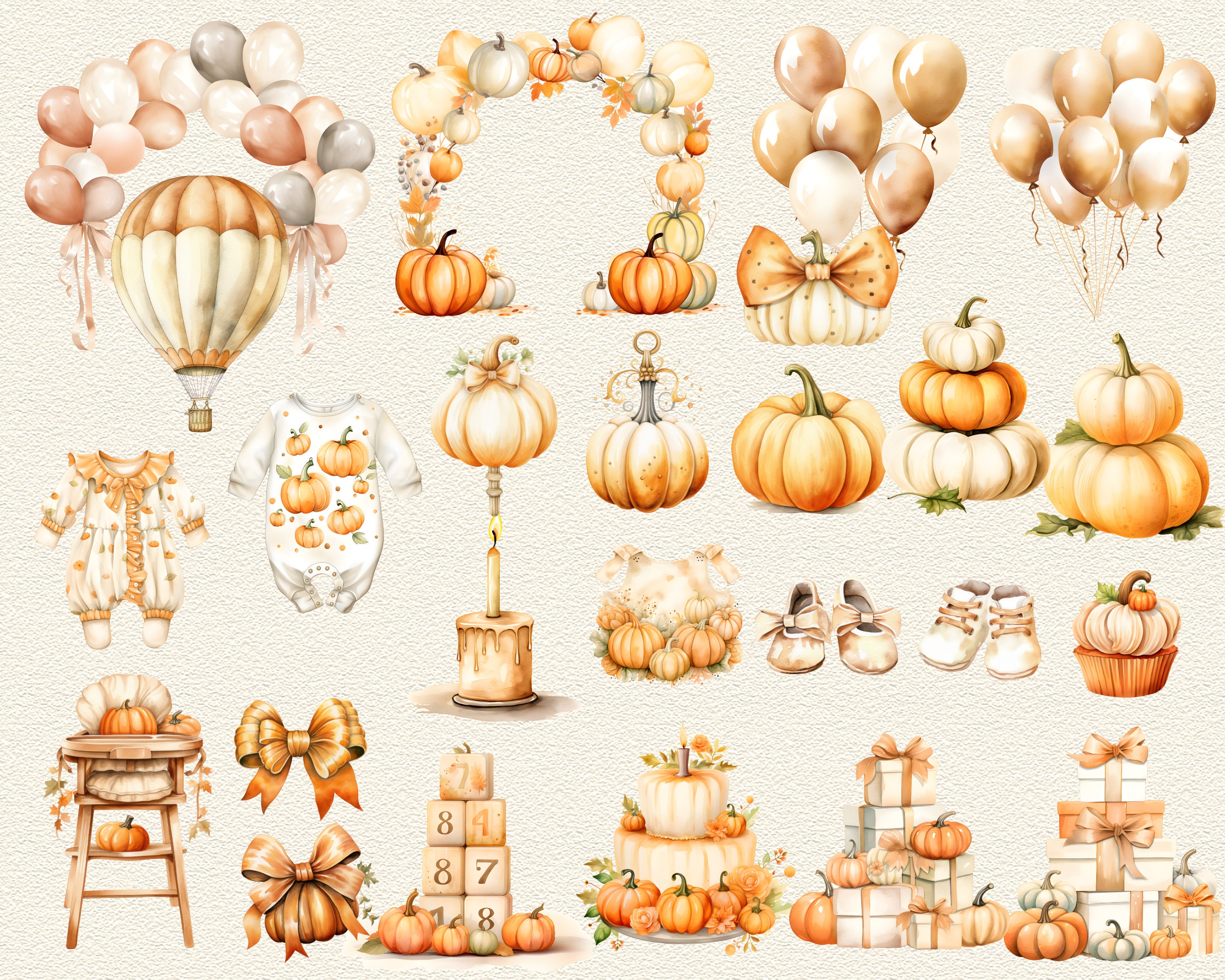 Watercolor Pumpkin Clipart, Watercolor Baby Shower Clipart, Neutral ...