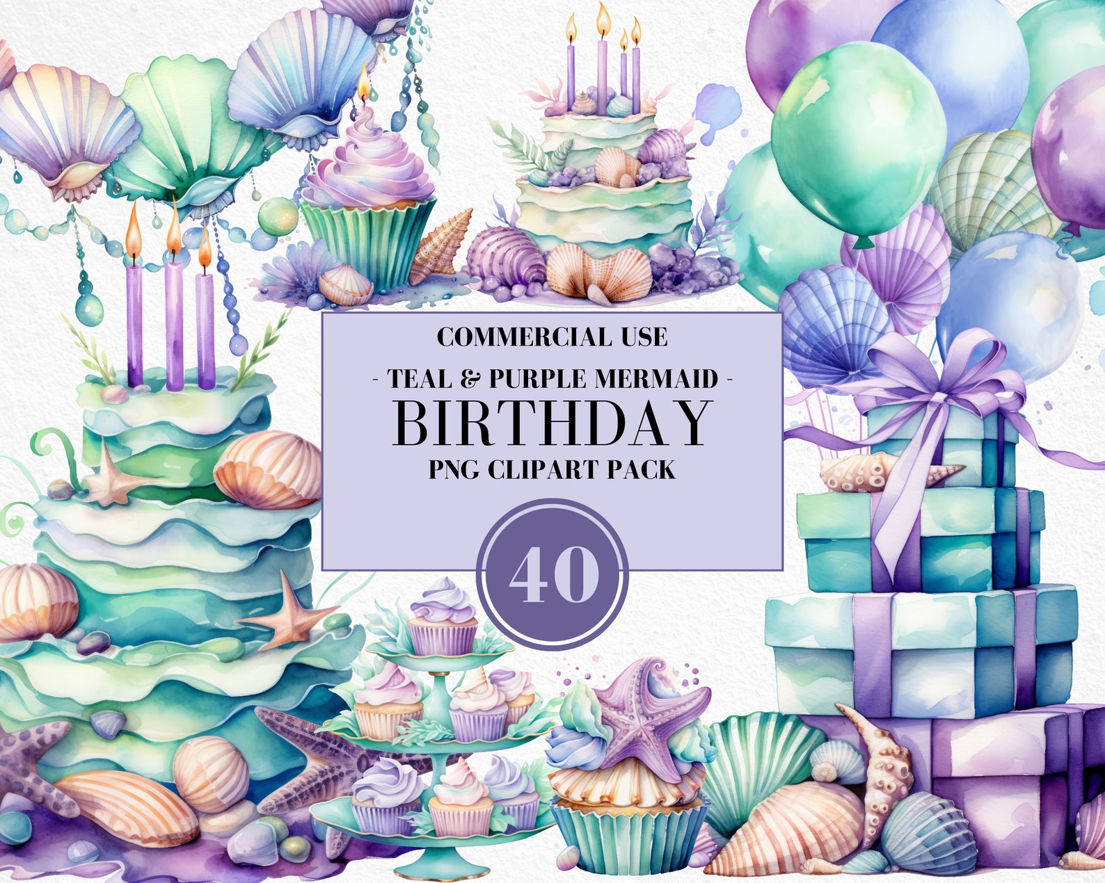 Watercolor Mermaid Birthday Clipart, Watercolor Birthday Clipart, Under ...
