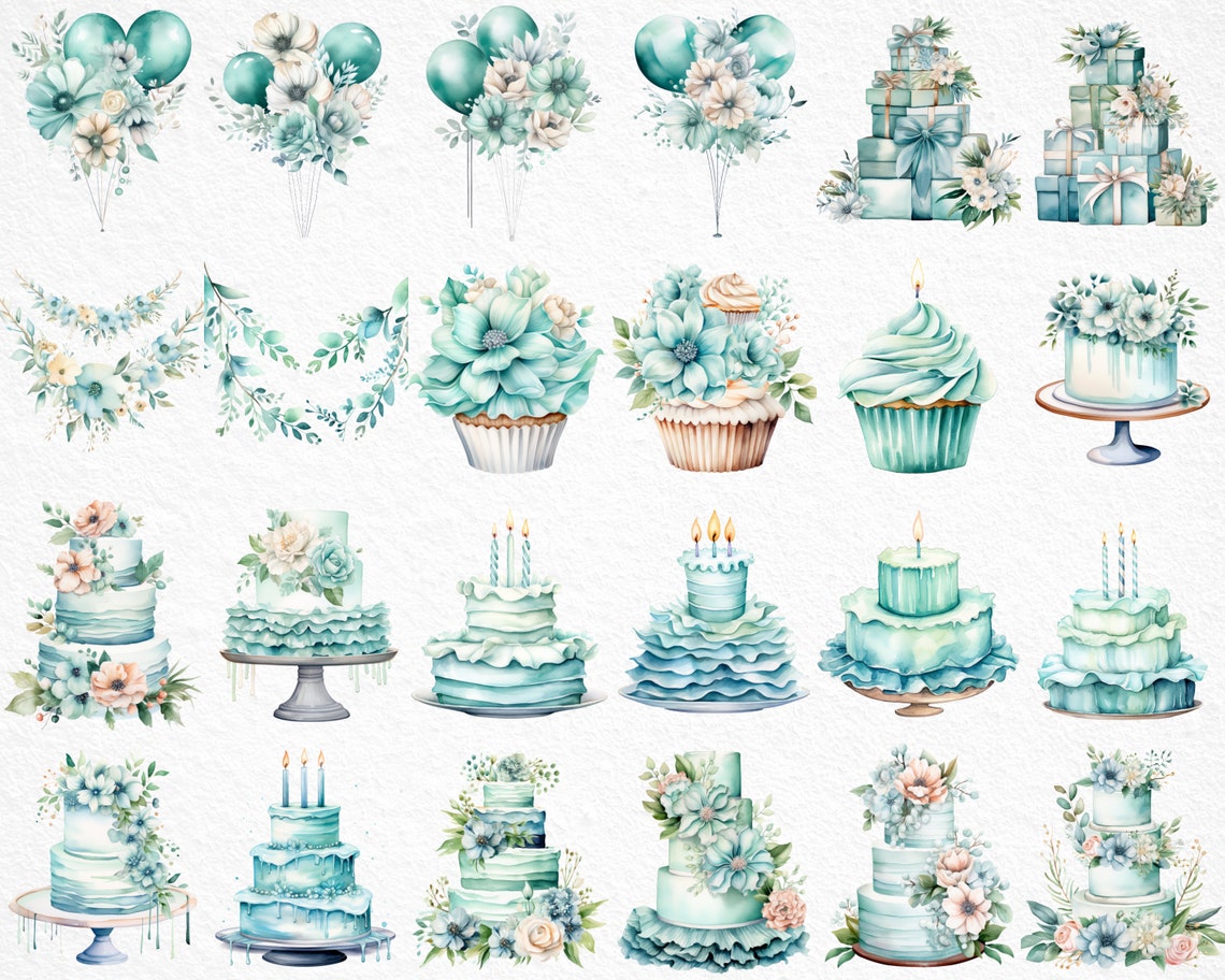 Watercolor Boho Aqua Birthday Clipart, Watercolor Birthday Clipart ...