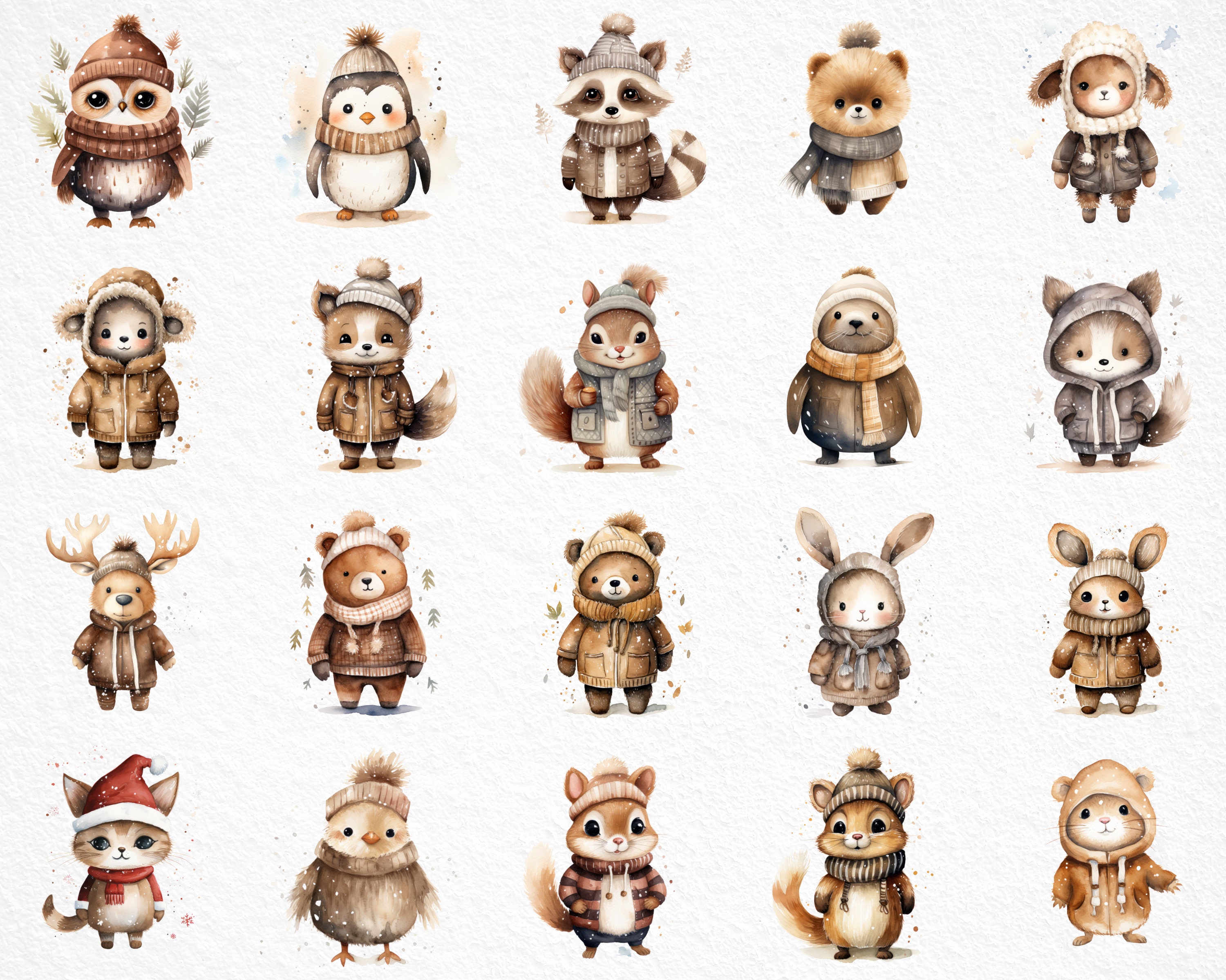 Watercolor Cute Christmas Animals Clipart, Winter Animals, Whimsical ...