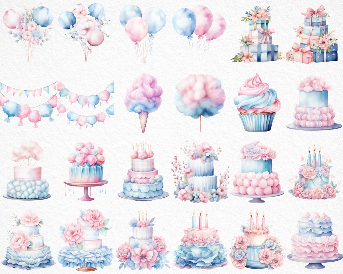 Watercolor Cotton Candy Birthday Clipart, Watercolor Birthday Clipart ...