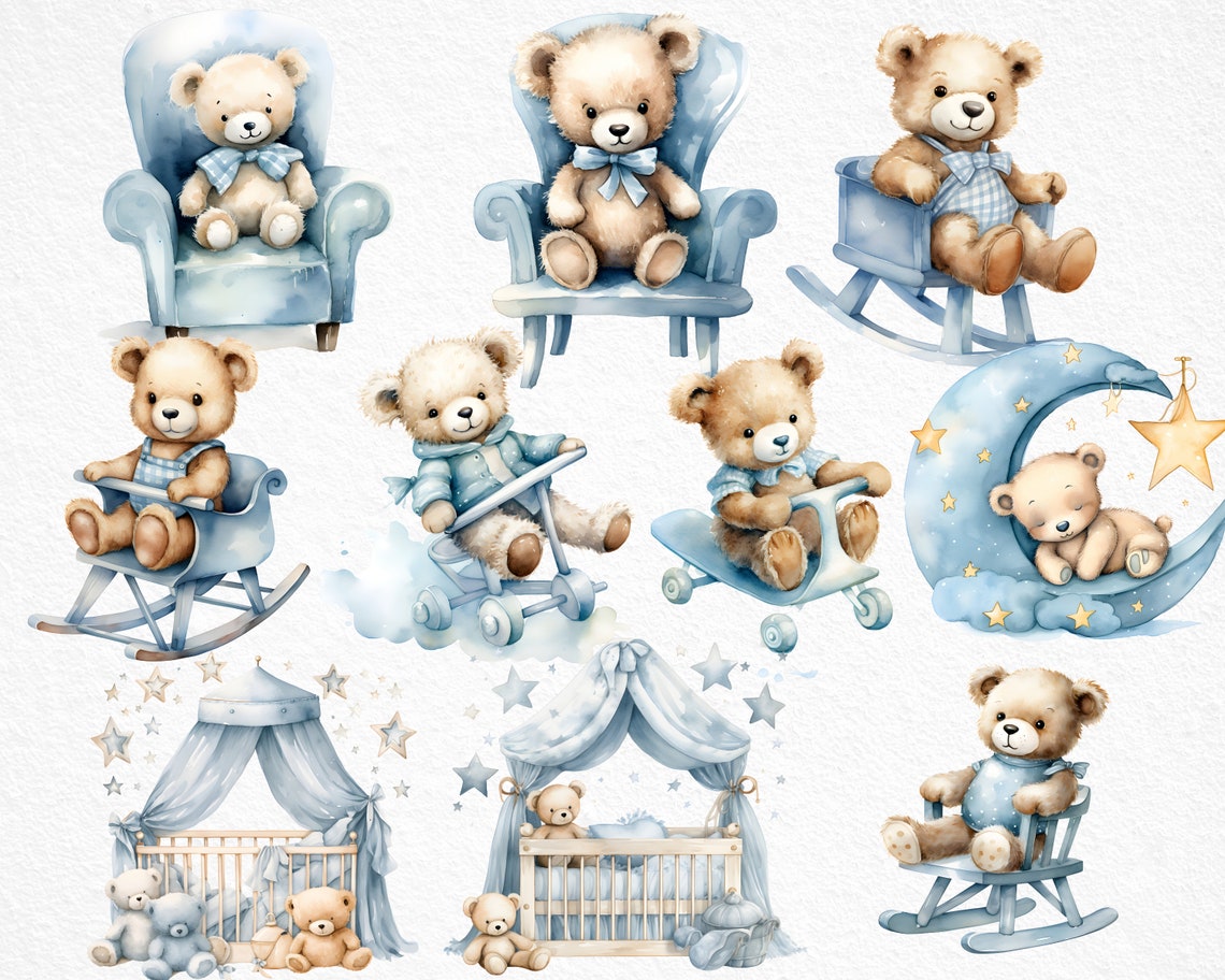 Watercolor Teddy Bear Clipart for Boy, Watercolor Baby Shower Clipart, Baby Blue Teddy Bear ...