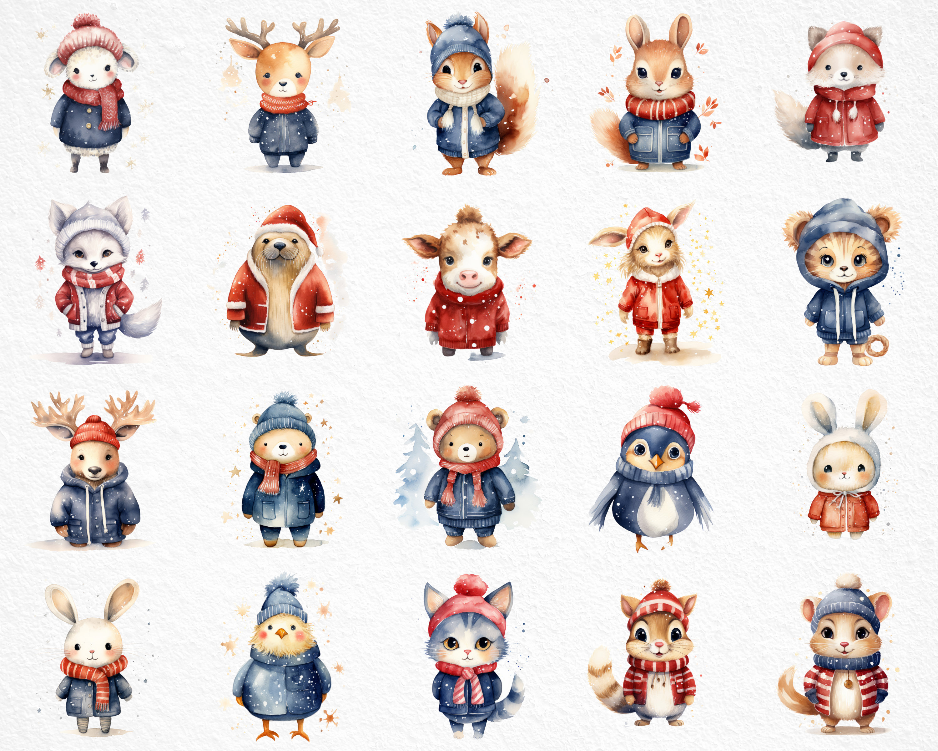 Watercolor Cute Christmas Animals Clipart, Winter Animals, Whimsical ...