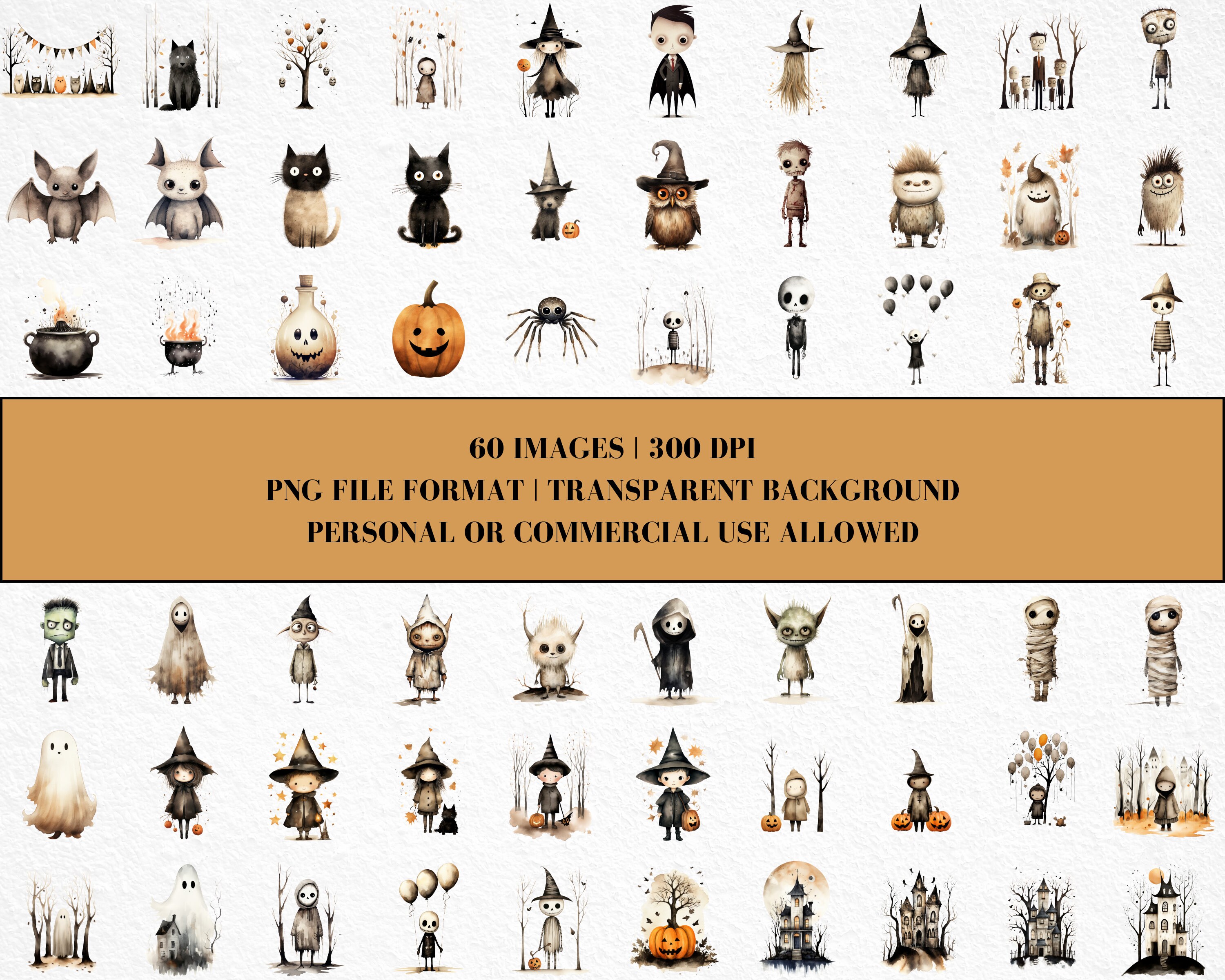 Cute Halloween Clipart, Watercolor Halloween Clipart, Monsters, Witch ...