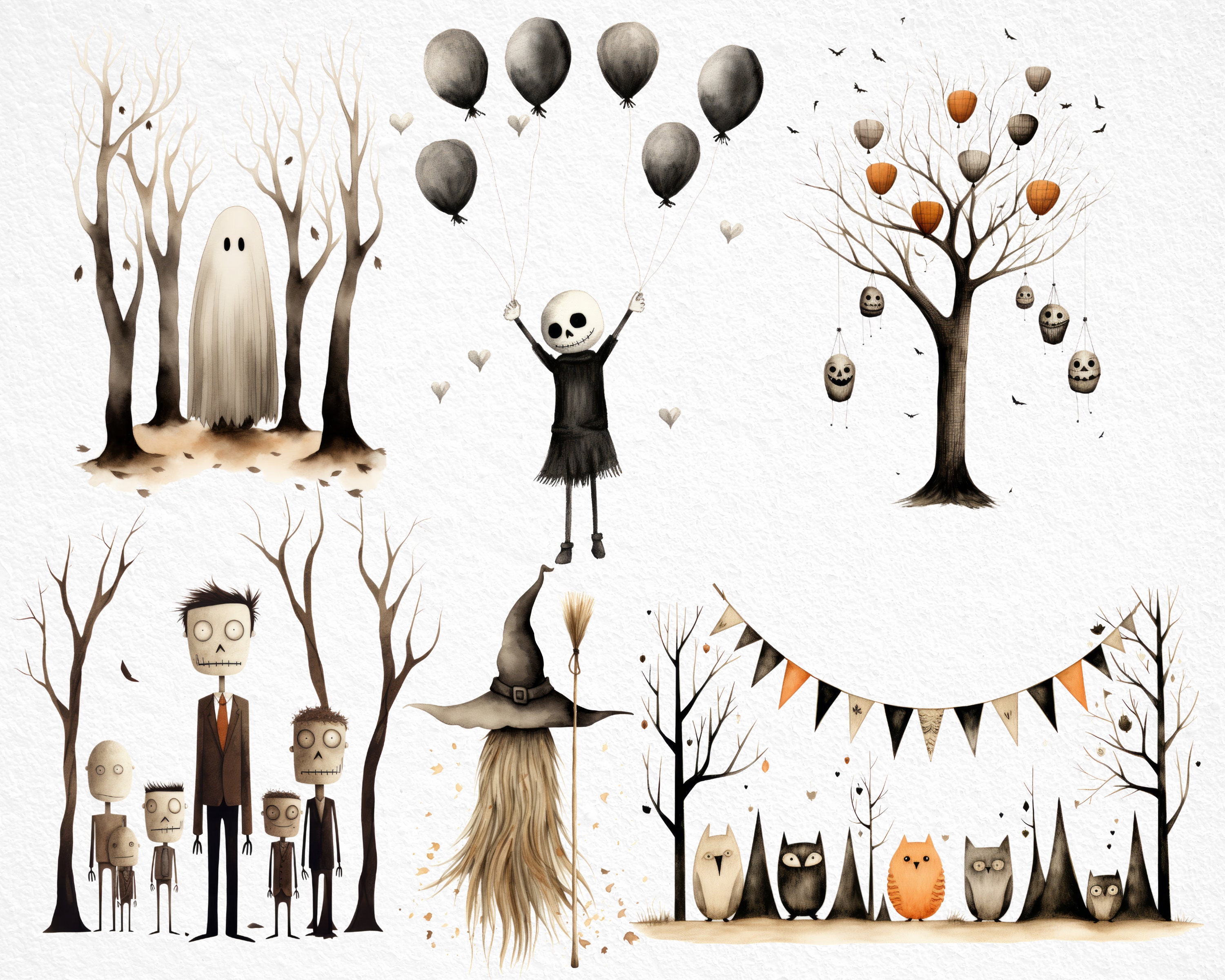 Cute Halloween Clipart, Watercolor Halloween Clipart, Monsters, Witch ...