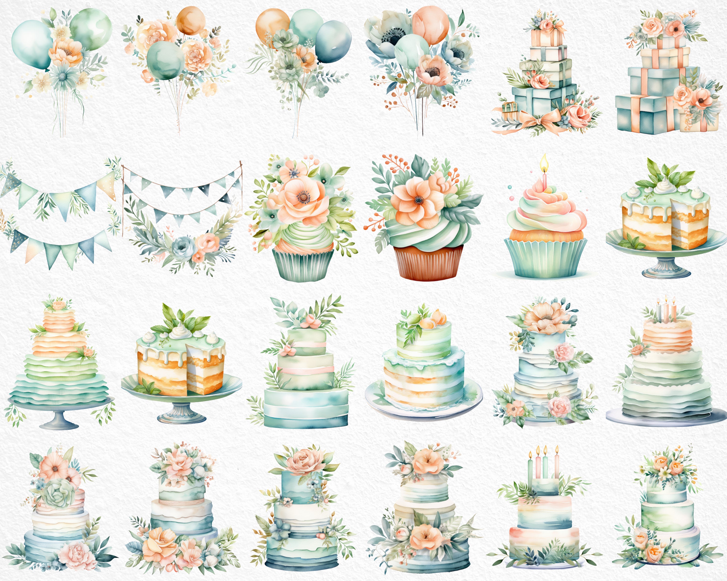 Watercolor Peach & Aqua Birthday Clipart, Watercolor Birthday Clipart ...