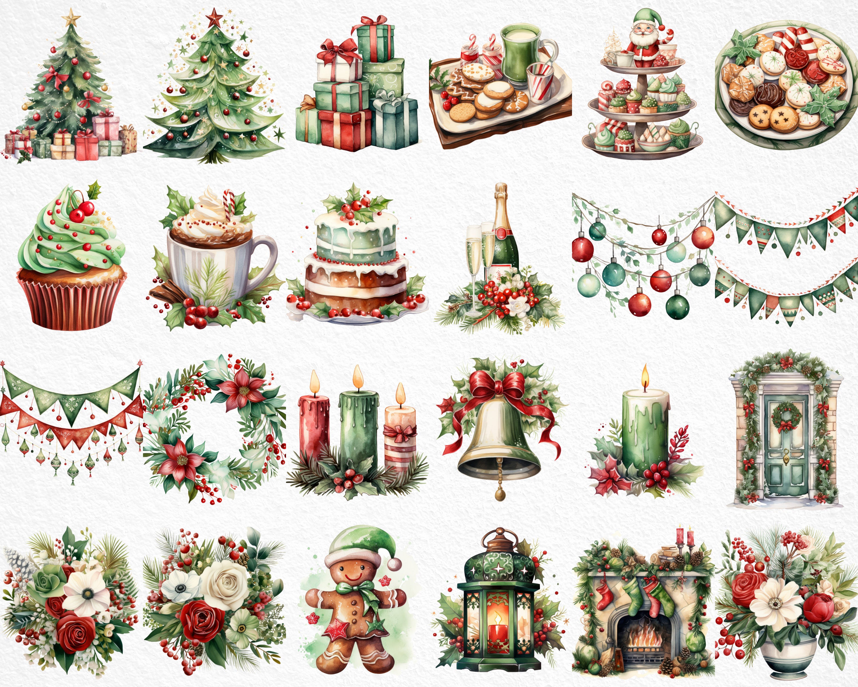 Watercolor Christmas Clipart, Red & Green Christmas, Vintage Christmas ...