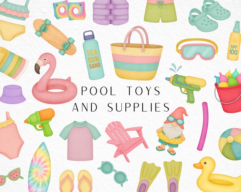 Watercolor Pool Party Clipart, Summer Swim Graphics, Water Toys ...