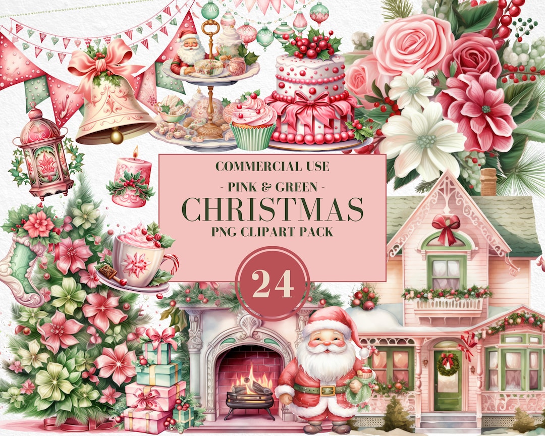 Watercolor Christmas Clipart, Pink & Green Christmas, Vintage Christmas ...