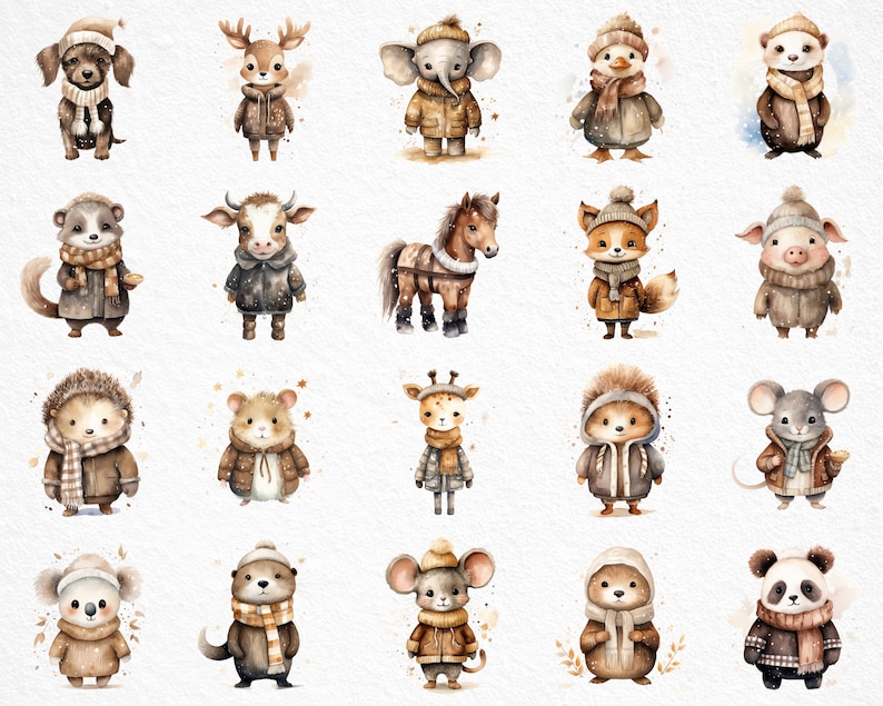 Watercolor Cute Christmas Animals Clipart, Winter Animals, Whimsical ...