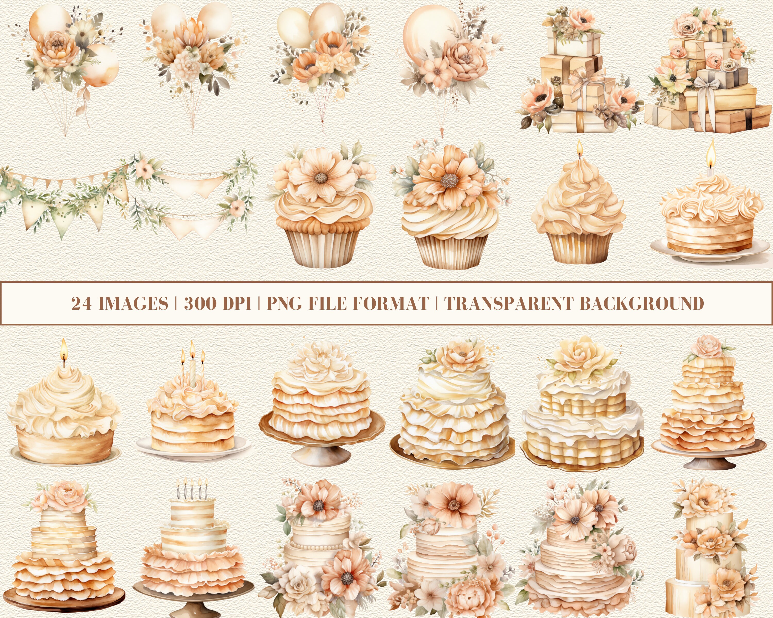 Watercolor Boho Cream Birthday Clipart, Watercolor Birthday Clipart ...