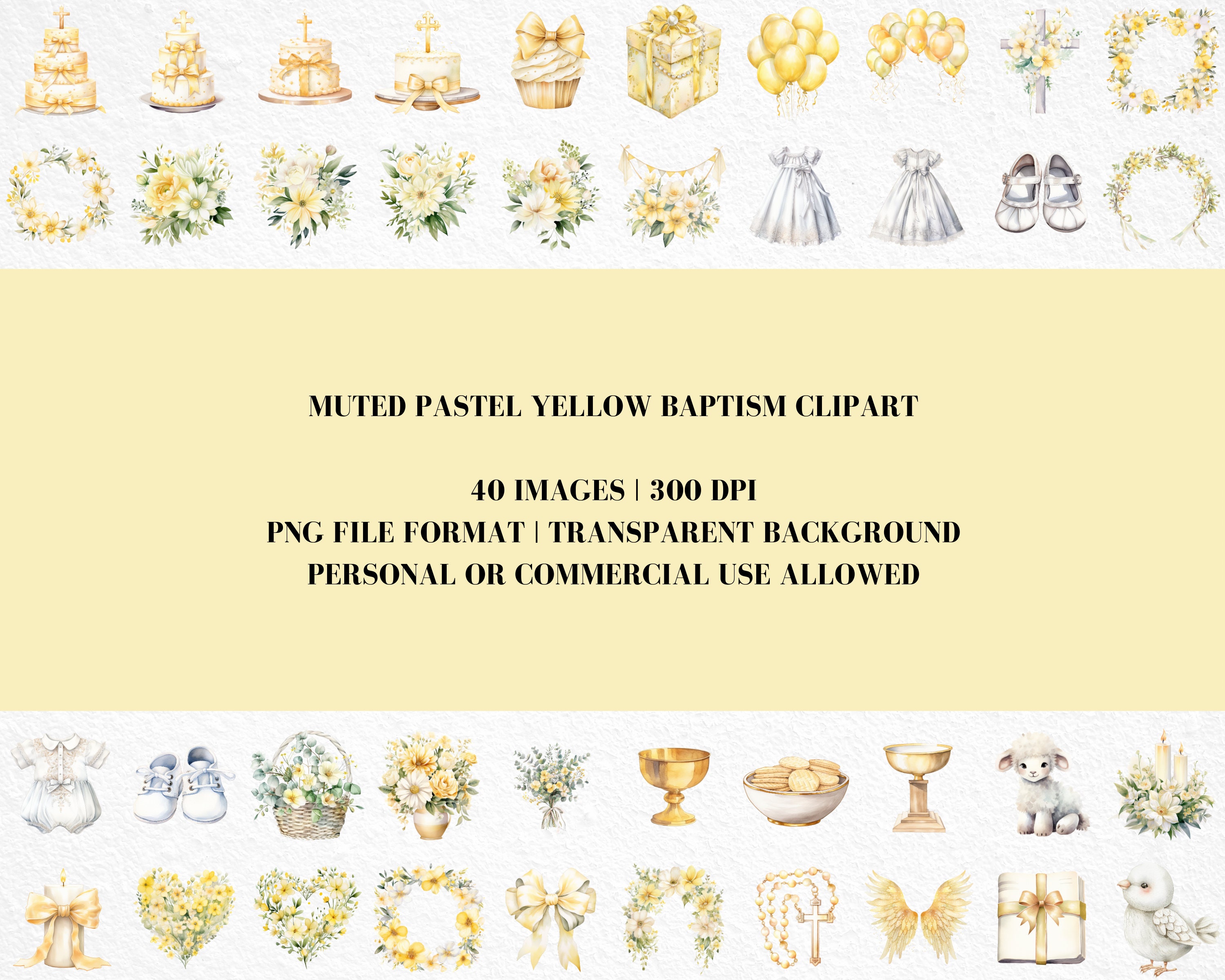 Watercolor First Communion Clipart, Pastel Yellow, Baptism Clipart ...