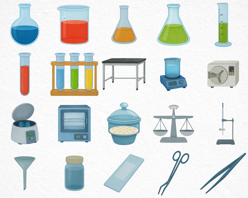 Watercolor Science Clipart, Classroom Decor PNG, Lab Equipment, Beakers ...