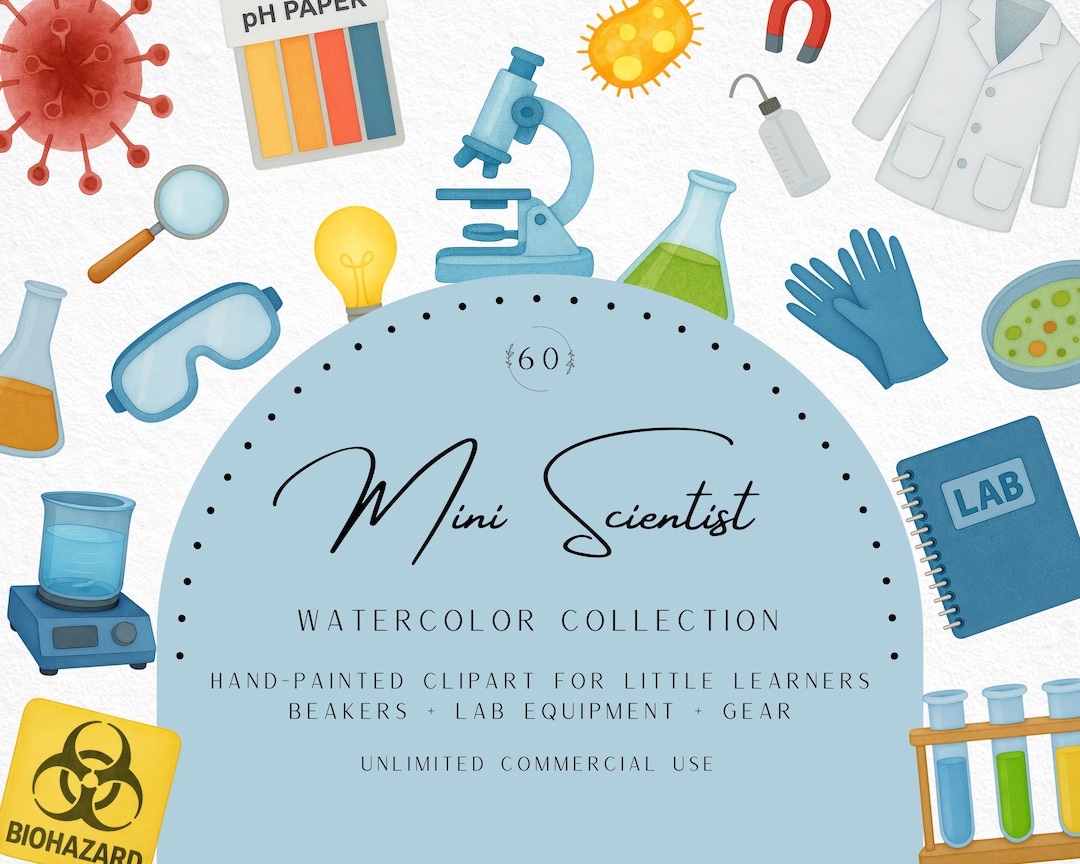 Watercolor Science Clipart, Classroom Decor PNG, Lab Equipment, Beakers ...