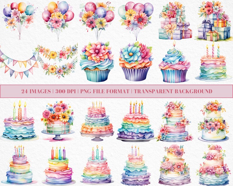 Watercolor Pastel Rainbow Birthday Clipart, Watercolor Birthday Clipart ...