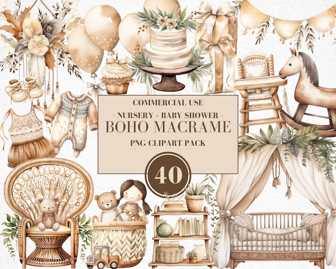 Watercolor Macrame Baby Nursery Clipart, Newborn Baby Shower, Boho ...