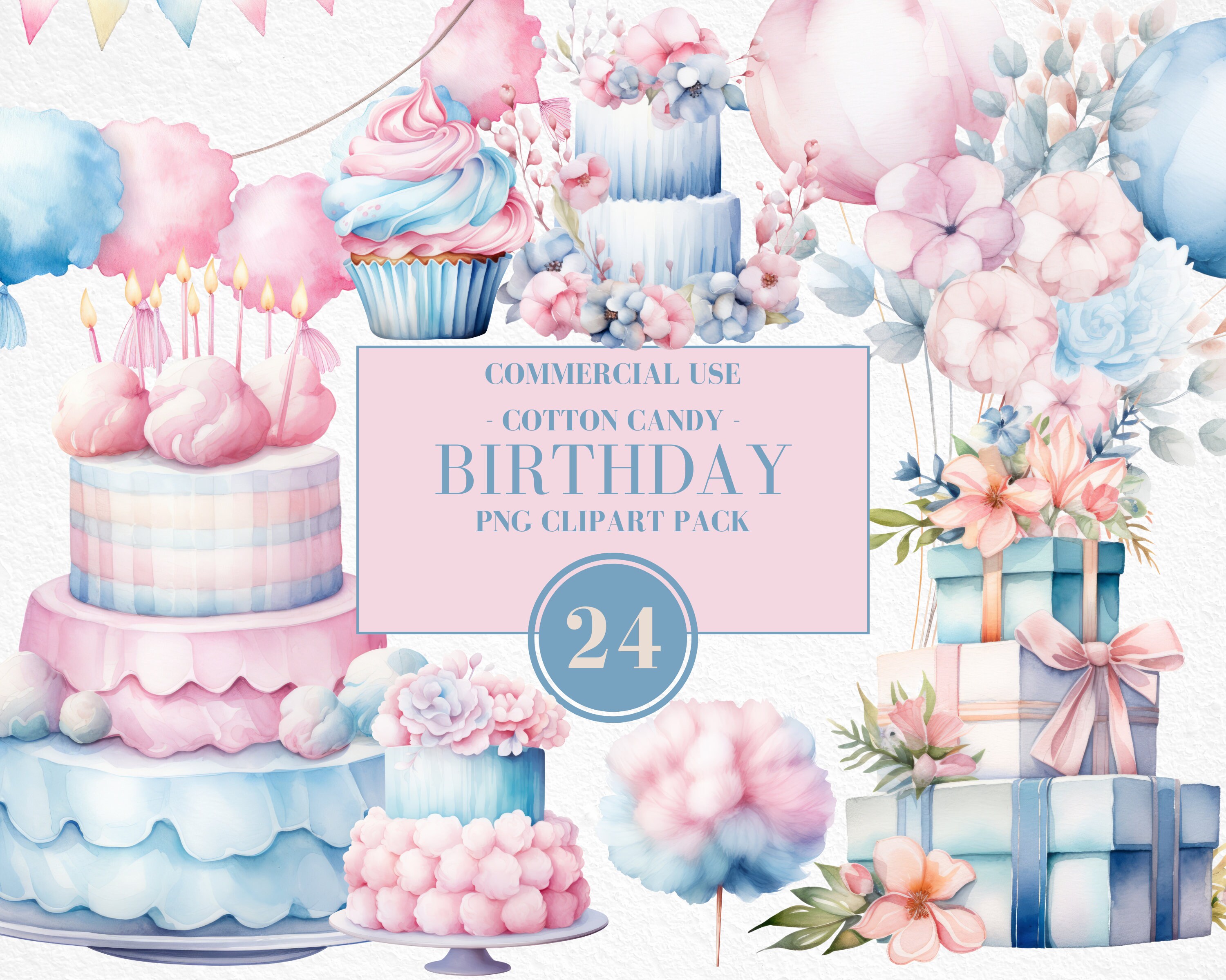 Watercolor Cotton Candy Birthday Clipart, Watercolor Birthday Clipart ...