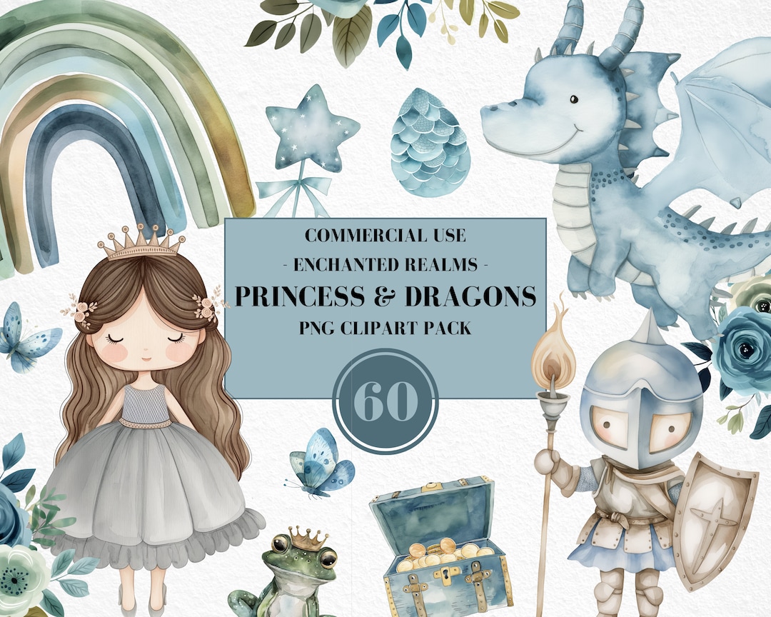 Floral Princess & Dragon Clipart, Knight, Castle, Prince, Fairytale ...