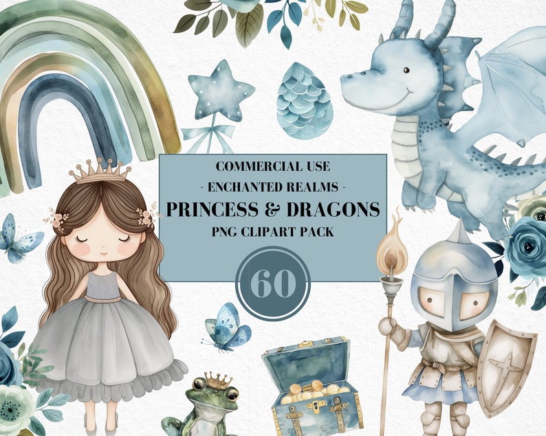 Floral Princess & Dragon Clipart, Knight, Castle, Prince, Fairytale ...