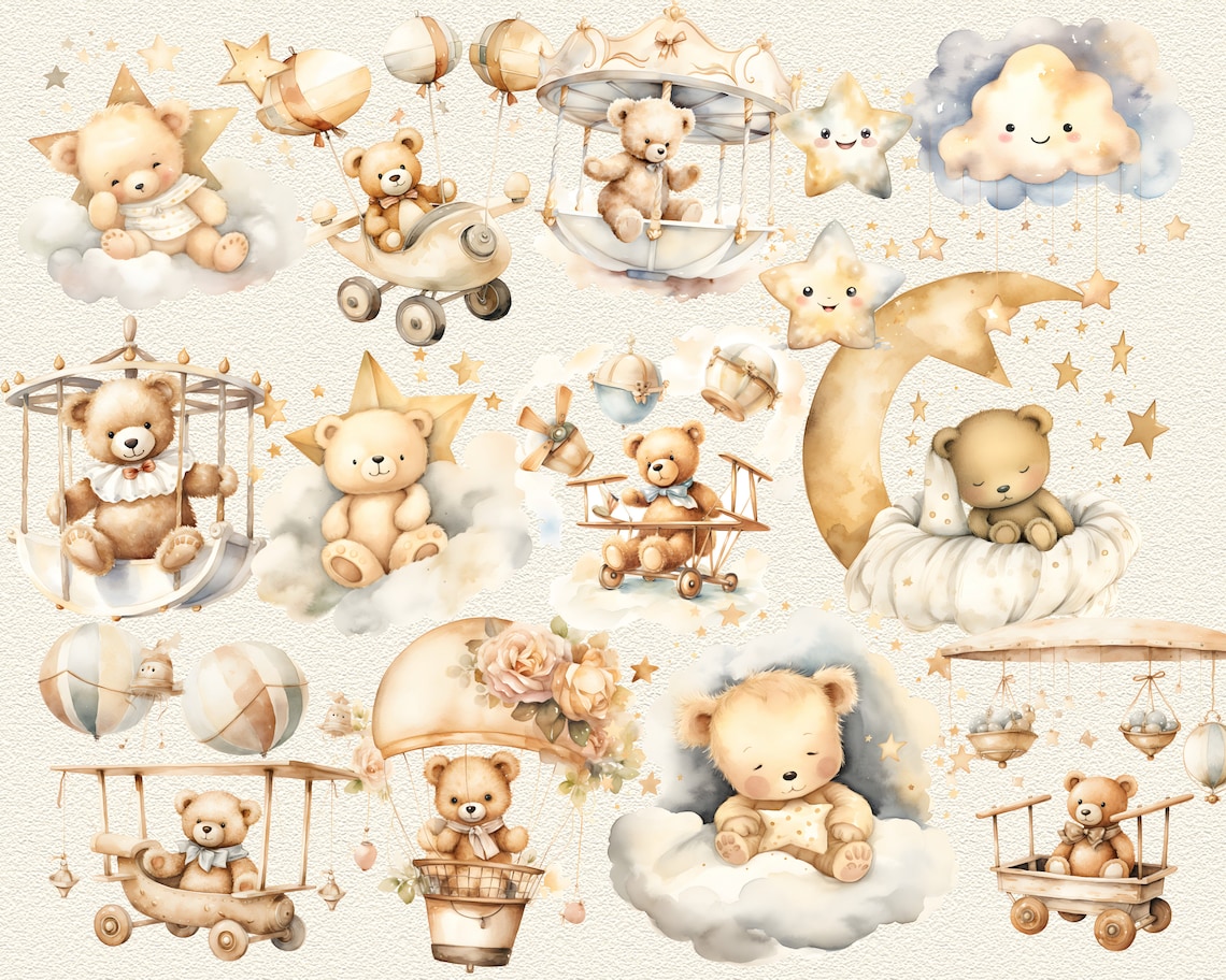 Watercolor Teddy Bear Clipart, Boho Neutral, Watercolor Baby Shower ...