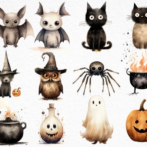 Cute Halloween Clipart, Watercolor Halloween Clipart, Monsters, Witch ...