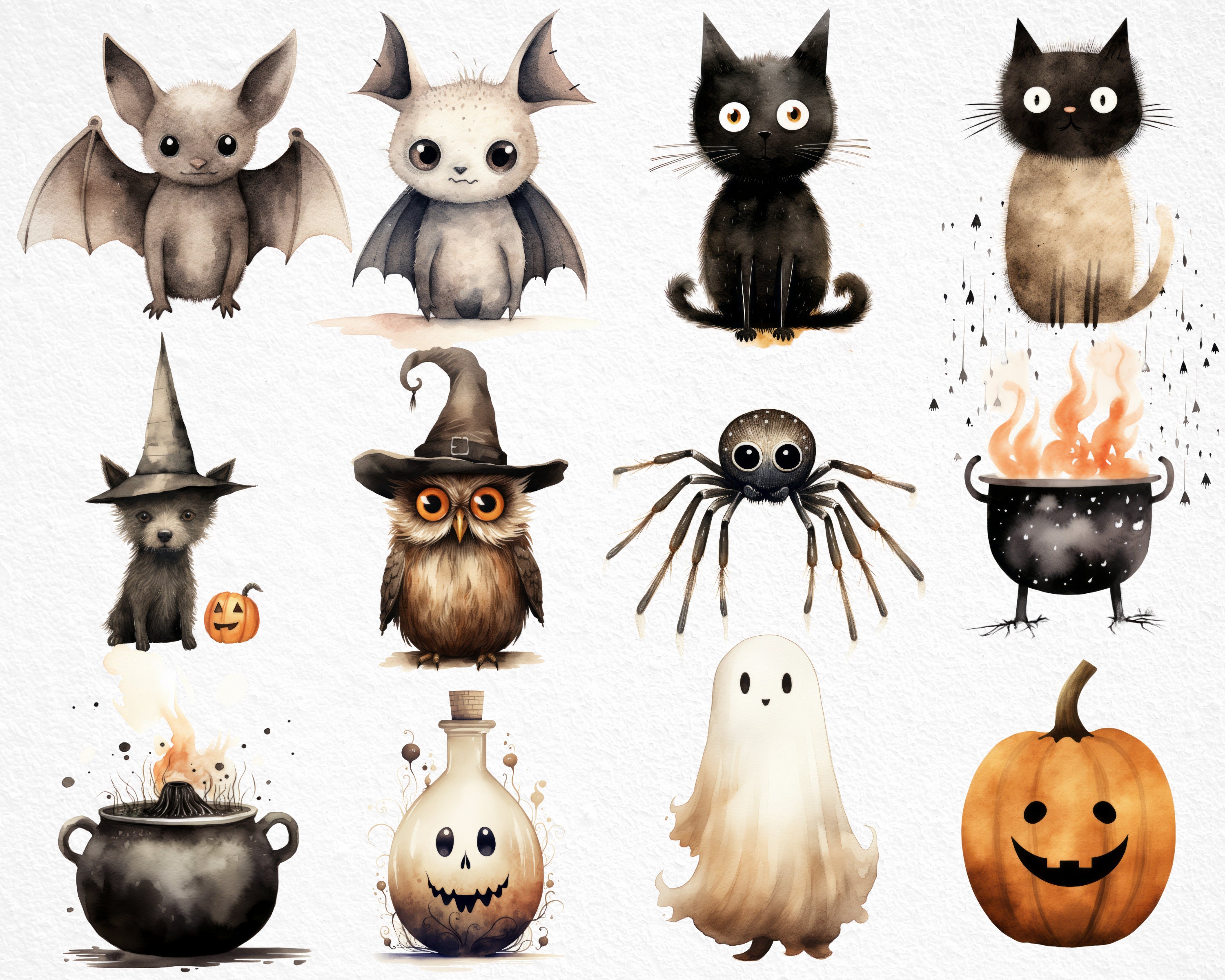 Cute Halloween Clipart, Watercolor Halloween Clipart, Monsters, Witch ...