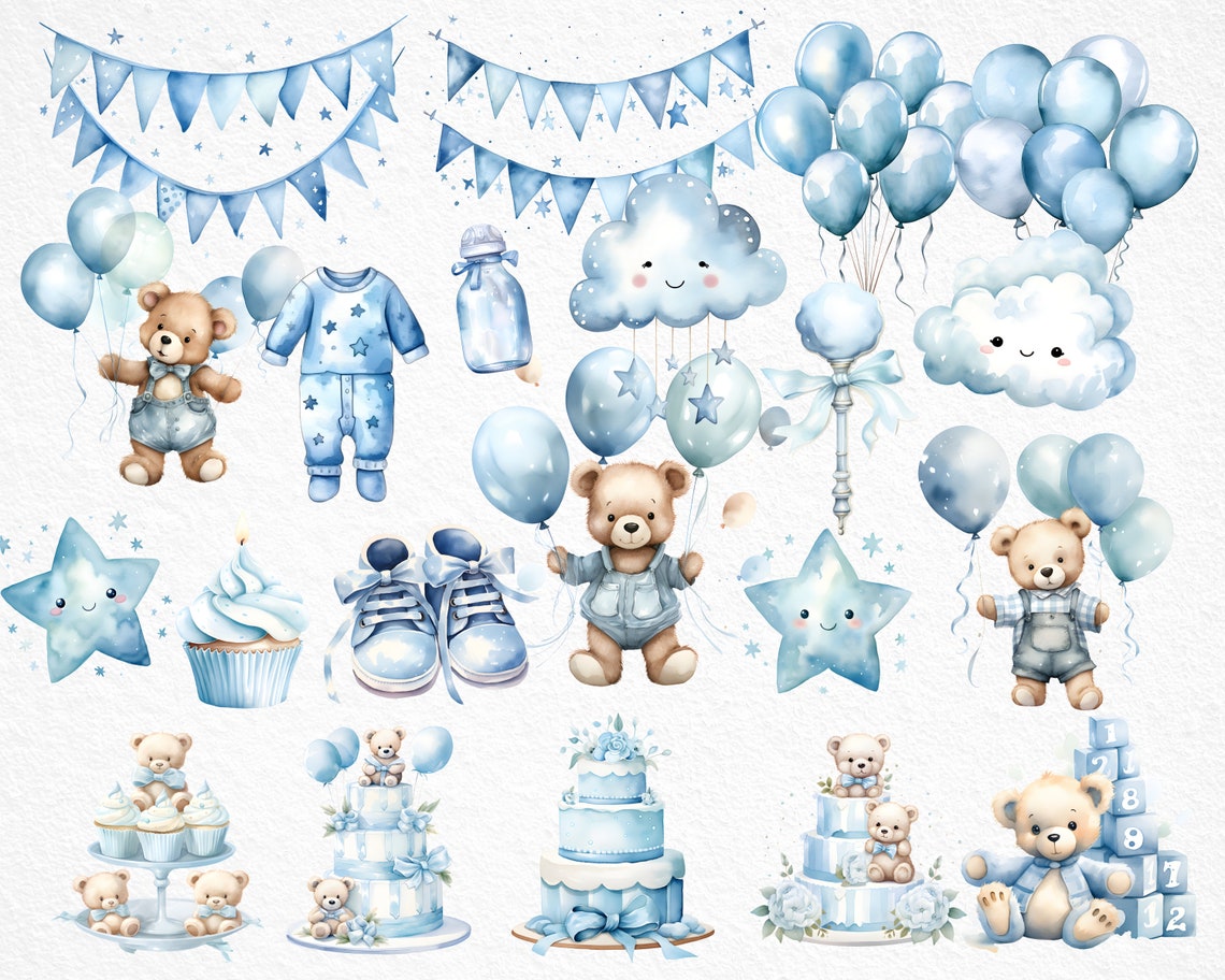 Watercolor Teddy Bear Clipart for Boy, Watercolor Baby Shower Clipart, Baby Blue Teddy Bear ...