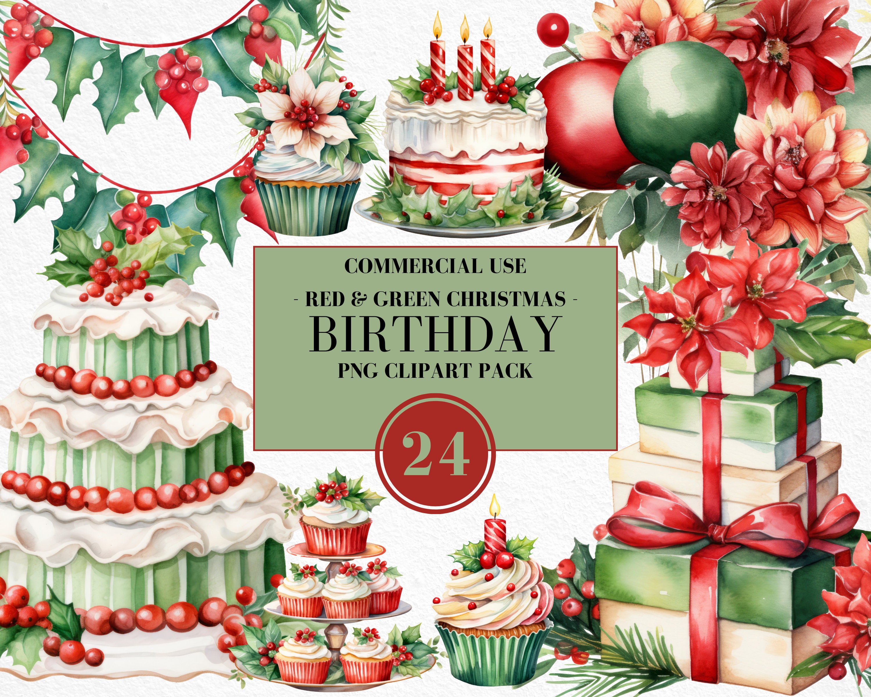 Watercolor Red & Green Christmas Birthday Clipart, Watercolor Birthday ...