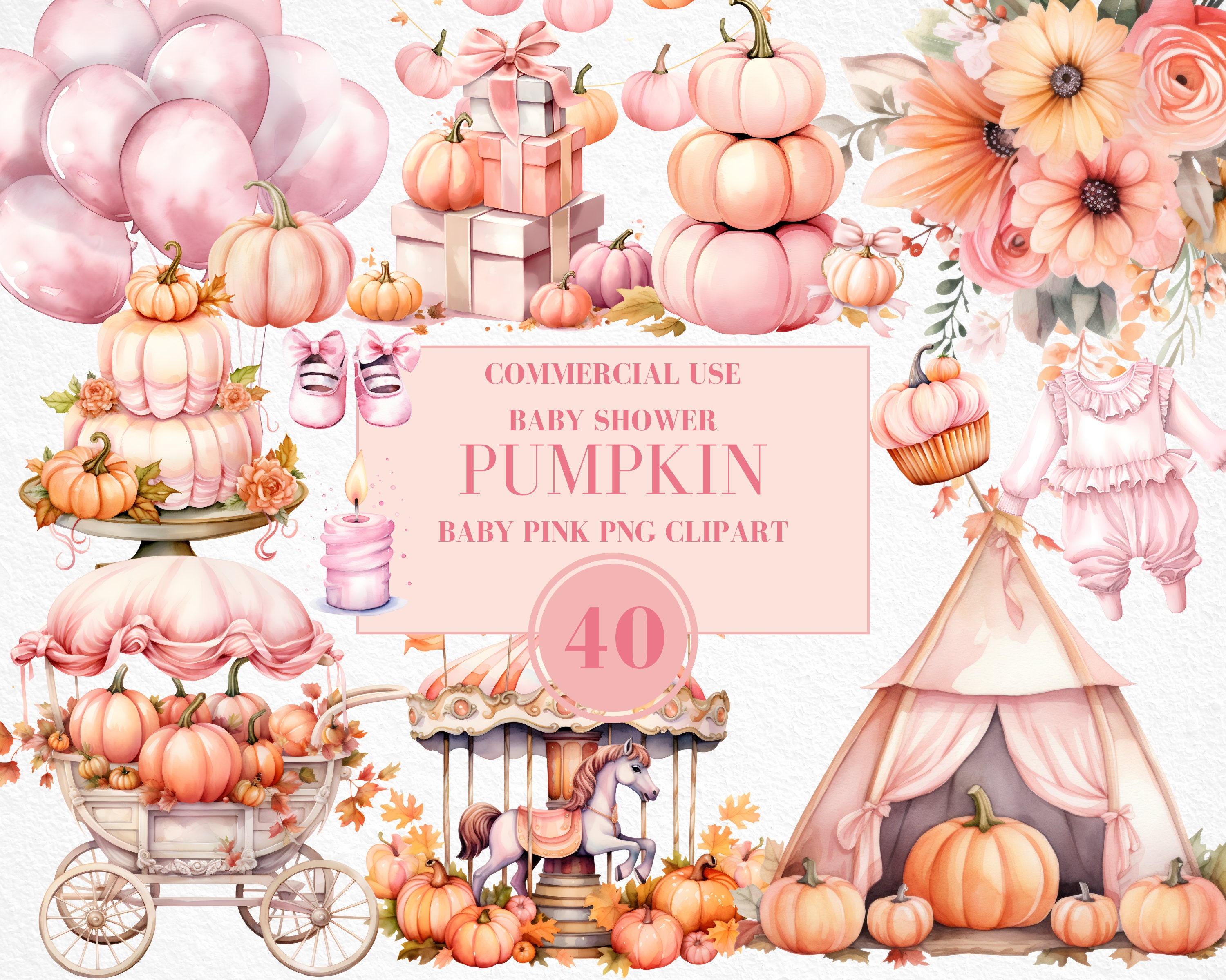 Watercolor Pumpkin Clipart for Girl, Watercolor Baby Shower Clipart ...